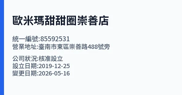 歐米瑪甜甜圈崇善店的照片-統編 85592531(臺南市) 公司登記資料與營業項目詳細圖表