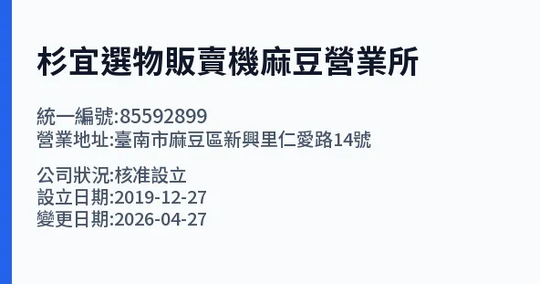 杉宜選物販賣機麻豆營業所的照片-統編 85592899(臺南市) 公司登記資料與營業項目詳細圖表