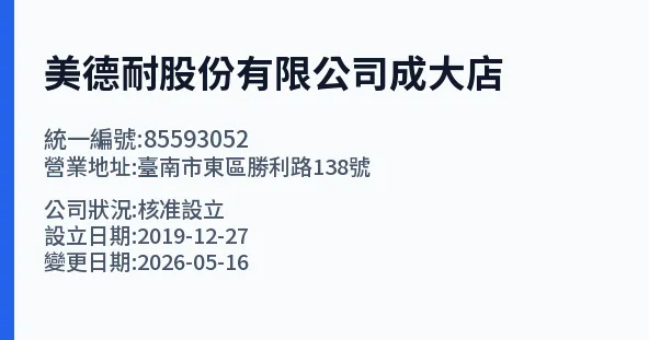 美德耐股份有限公司成大店的照片-統編 85593052(臺南市) 公司登記資料與營業項目詳細圖表