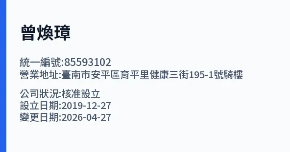 曾煥璋的照片-統編 85593102(臺南市) 公司登記資料與營業項目詳細圖表