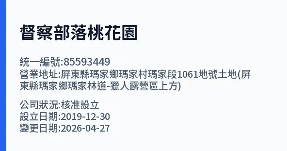 督察部落桃花園的照片-統編 85593449(屏東縣) 公司登記資料與營業項目詳細圖表