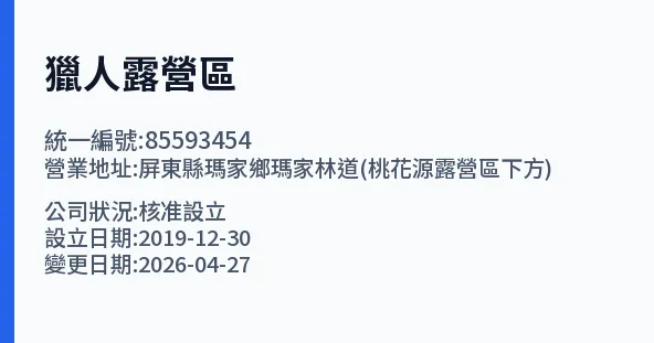 獵人露營區的照片-統編 85593454(屏東縣) 公司登記資料與營業項目詳細圖表
