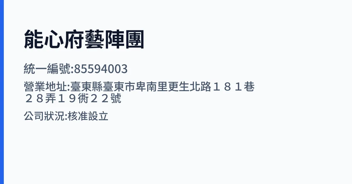 能心府藝陣團 - 統編 85594003(臺東縣) 公司登記資料與營業項目詳細圖表