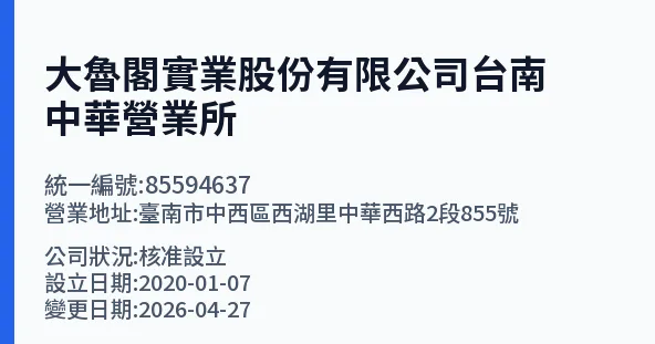 大魯閣實業股份有限公司台南中華營業所的照片-統編 85594637(臺南市) 公司登記資料與營業項目詳細圖表