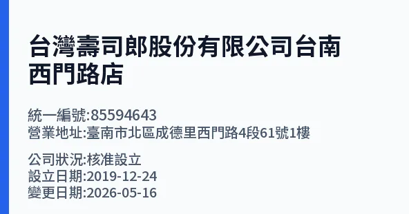 台灣壽司郎股份有限公司台南西門路店的照片-統編 85594643(臺南市) 公司登記資料與營業項目詳細圖表