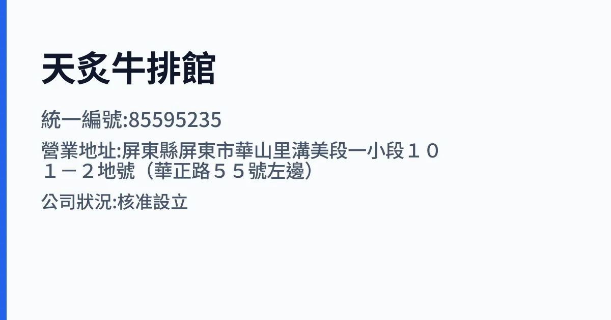 天炙牛排館 - 統編 85595235(屏東縣) 公司登記資料與營業項目詳細圖表