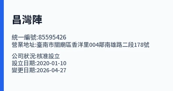 昌灣陣的照片-統編 85595426(臺南市) 公司登記資料與營業項目詳細圖表