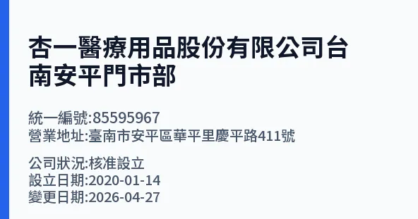 杏一醫療用品股份有限公司台南安平門市部的照片-統編 85595967(臺南市) 公司登記資料與營業項目詳細圖表