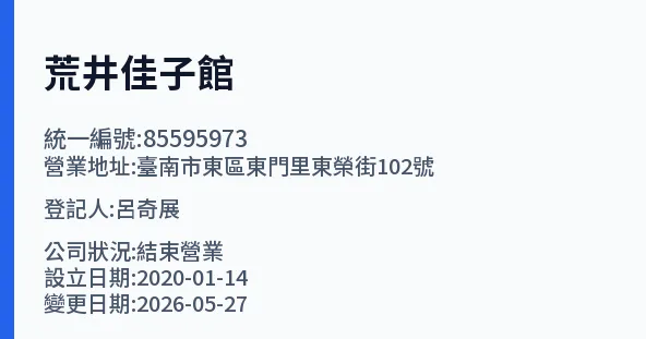荒井佳子館的照片-統編 85595973(臺南市) 公司登記資料與營業項目詳細圖表