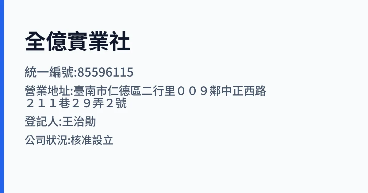 全億實業社 - 統編 85596115(臺南市) 公司登記資料與營業項目詳細圖表