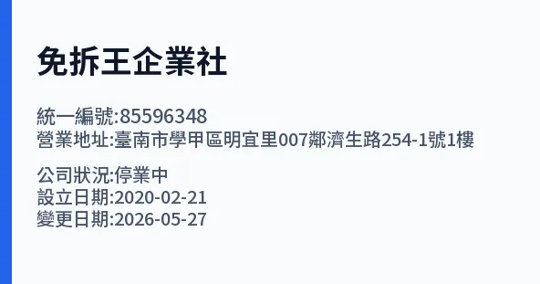 免拆王企業社的照片-統編 85596348(臺南市) 公司登記資料與營業項目詳細圖表