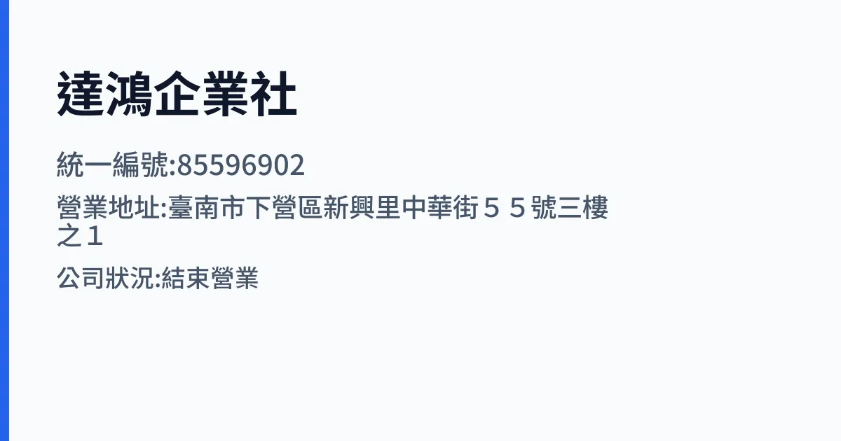 達鴻企業社 - 統編 85596902(臺南市) 公司登記資料與營業項目詳細圖表