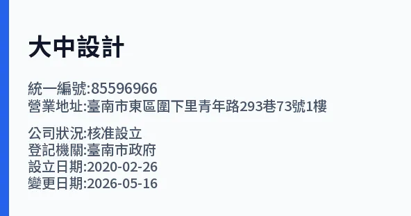 大中設計的照片-統編 85596966(臺南市) 公司登記資料與營業項目詳細圖表