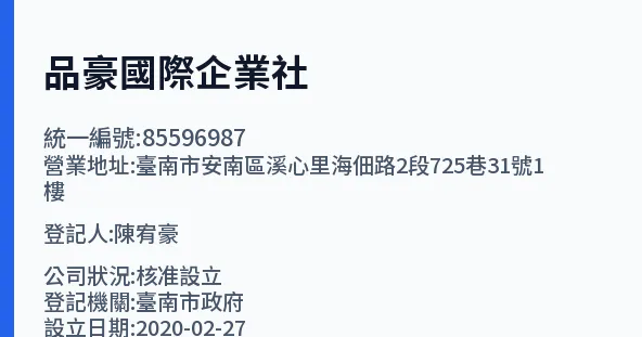 品豪國際企業社的照片-統編 85596987(臺南市) 公司登記資料與營業項目詳細圖表