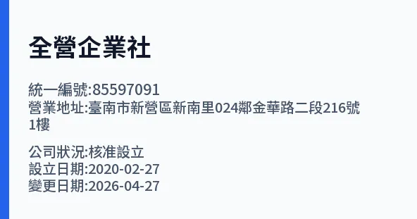 全營企業社的照片-統編 85597091(臺南市) 公司登記資料與營業項目詳細圖表