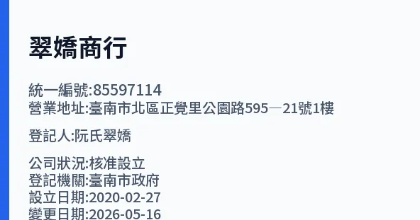 翠嬌商行的照片-統編 85597114(臺南市) 公司登記資料與營業項目詳細圖表