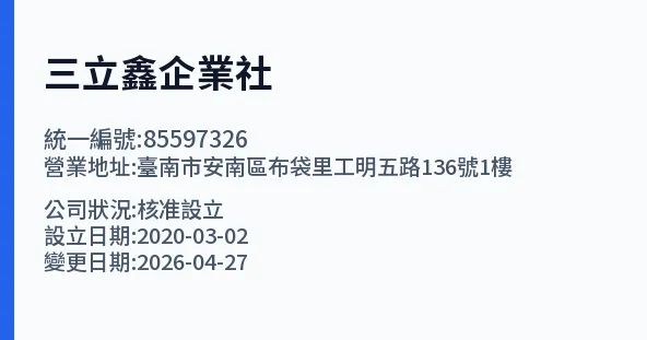 三立鑫企業社的照片-統編 85597326(臺南市) 公司登記資料與營業項目詳細圖表