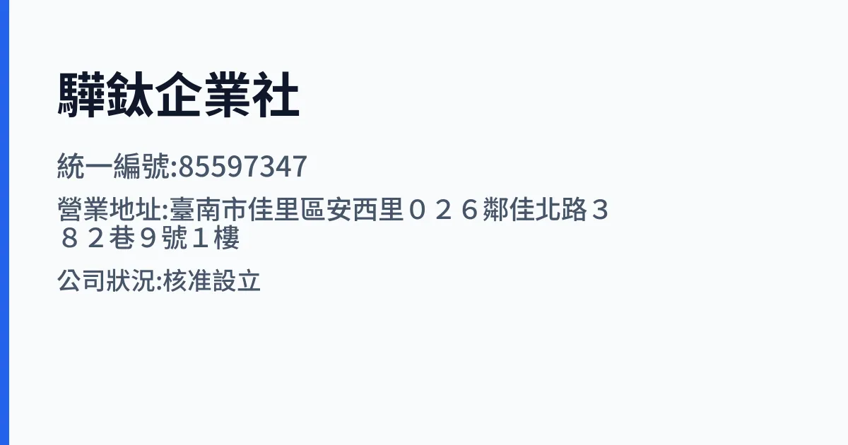 驊鈦企業社 - 統編 85597347(臺南市) 公司登記資料與營業項目詳細圖表