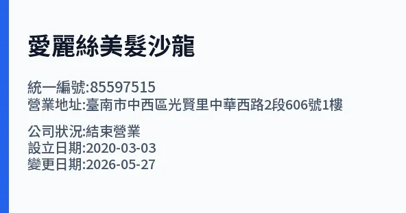 愛麗絲美髮沙龍的照片-統編 85597515(臺南市) 公司登記資料與營業項目詳細圖表