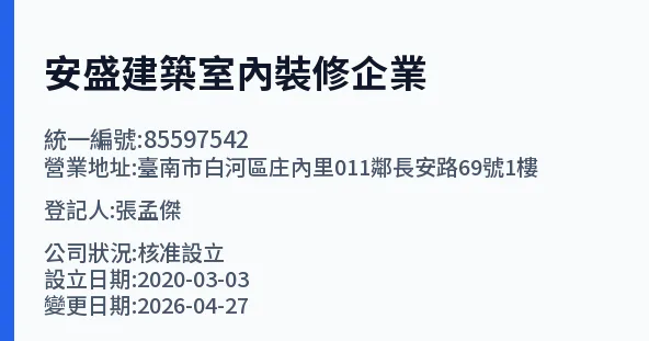 安盛建築室內裝修企業的照片-統編 85597542(臺南市) 公司登記資料與營業項目詳細圖表