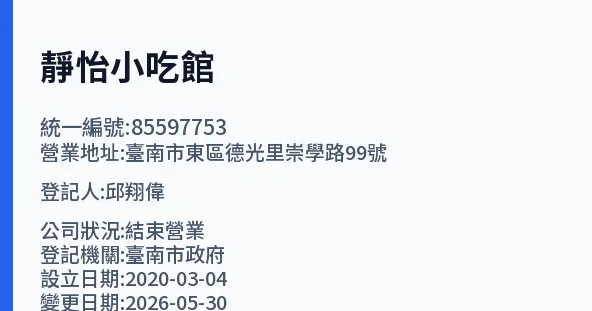 靜怡小吃館的照片-統編 85597753(臺南市) 公司登記資料與營業項目詳細圖表