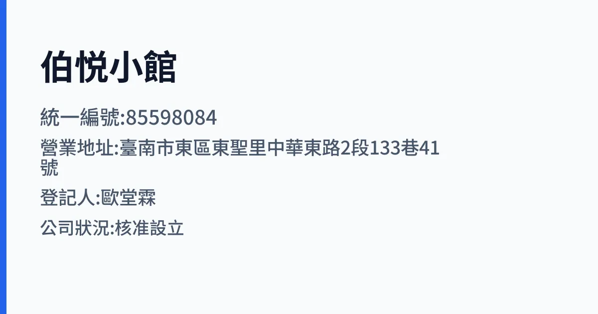 伯悦小館 - 統編 85598084(臺南市) 公司登記資料與營業項目詳細圖表