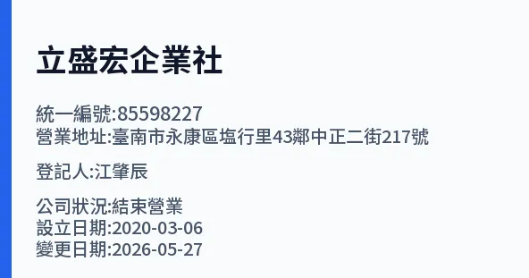立盛宏企業社的照片-統編 85598227(臺南市) 公司登記資料與營業項目詳細圖表