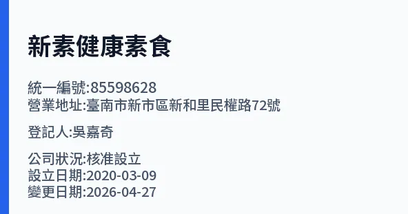 新素健康素食的照片-統編 85598628(臺南市) 公司登記資料與營業項目詳細圖表