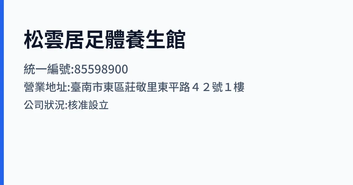 松雲居足體養生館 - 統編 85598900(臺南市) 公司登記資料與營業項目詳細圖表