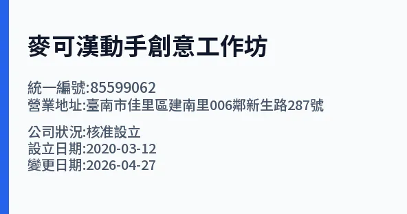 麥可漢動手創意工作坊的照片-統編 85599062(臺南市) 公司登記資料與營業項目詳細圖表