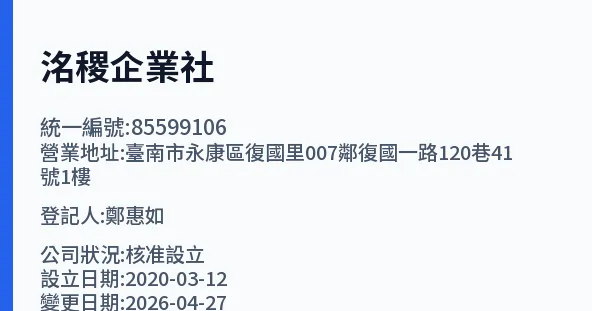 洺稷企業社的照片-統編 85599106(臺南市) 公司登記資料與營業項目詳細圖表