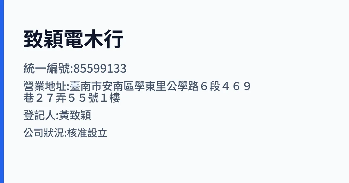 致穎電木行 - 統編 85599133(臺南市) 公司登記資料與營業項目詳細圖表