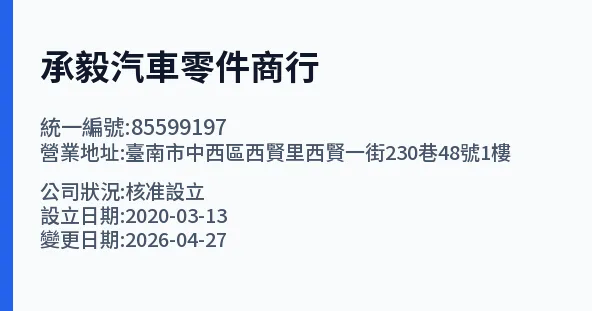 承毅汽車零件商行的照片-統編 85599197(臺南市) 公司登記資料與營業項目詳細圖表