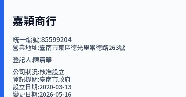 嘉穎商行的照片-統編 85599204(臺南市) 公司登記資料與營業項目詳細圖表