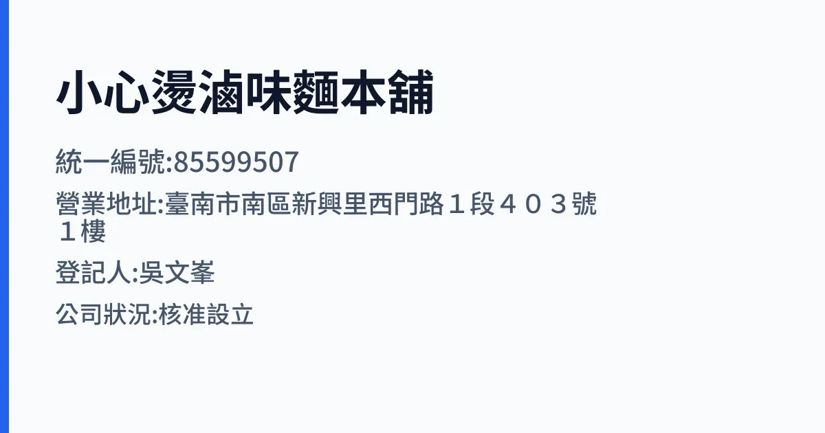 小心燙滷味麵本舖 - 統編 85599507(臺南市) 公司登記資料與營業項目詳細圖表