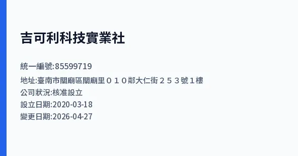 吉可利科技實業社的照片-統編 85599719(臺南市) 公司登記資料與營業項目詳細圖表
