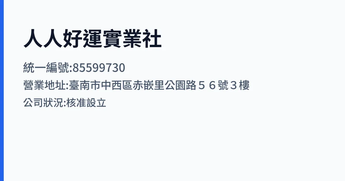 人人好運實業社 - 統編 85599730(臺南市) 公司登記資料與營業項目詳細圖表