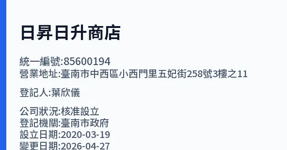 日昇日升商店的照片-統編 85600194(臺南市) 公司登記資料與營業項目詳細圖表