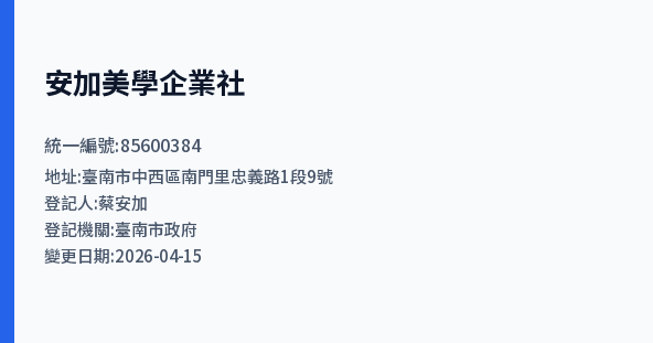 安加美學企業社的照片-統編 85600384(臺南市) 公司登記資料與營業項目詳細圖表
