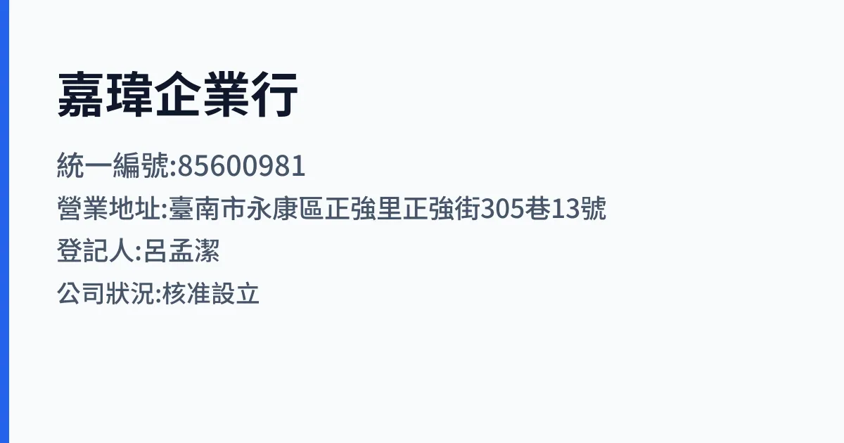 嘉瑋企業行 - 統編 85600981(臺南市) 公司登記資料與營業項目詳細圖表