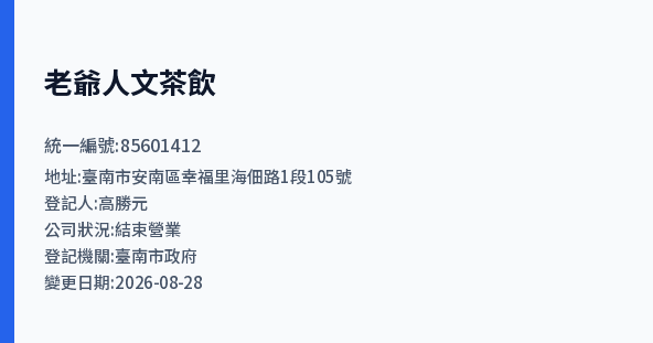 老爺人文茶飲的照片-統編 85601412(臺南市) 公司登記資料與營業項目詳細圖表