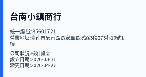 台南小鎮商行的照片-統編 85601721(臺南市) 公司登記資料與營業項目詳細圖表