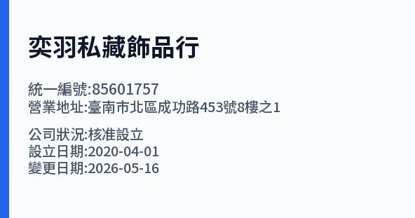奕羽私藏飾品行的照片-統編 85601757(臺南市) 公司登記資料與營業項目詳細圖表