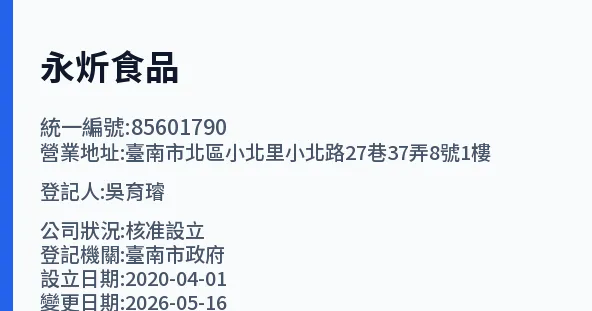 永炘食品的照片-統編 85601790(臺南市) 公司登記資料與營業項目詳細圖表