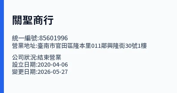 關聖商行的照片-統編 85601996(臺南市) 公司登記資料與營業項目詳細圖表