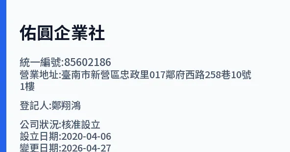 佑圓企業社的照片-統編 85602186(臺南市) 公司登記資料與營業項目詳細圖表