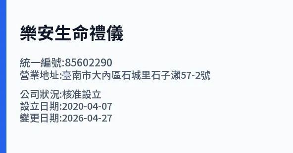 樂安生命禮儀的照片-統編 85602290(臺南市) 公司登記資料與營業項目詳細圖表