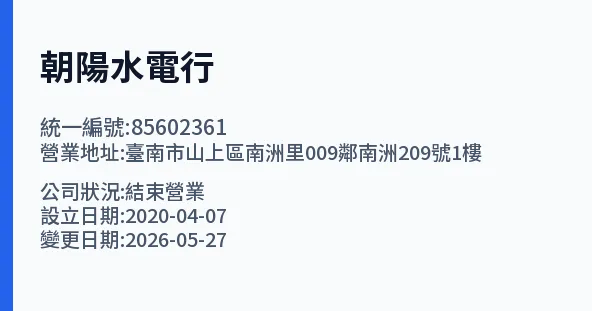 朝陽水電行的照片-統編 85602361(臺南市) 公司登記資料與營業項目詳細圖表