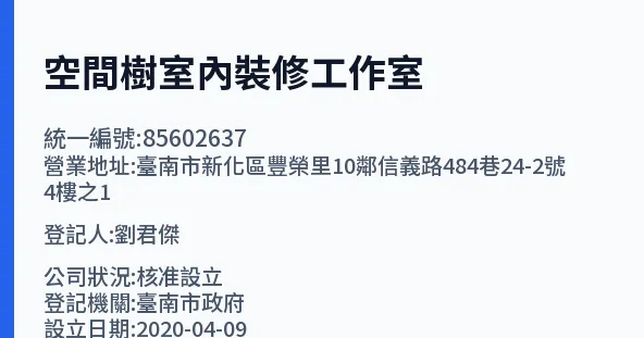 空間樹室內裝修工作室的照片-統編 85602637(臺南市) 公司登記資料與營業項目詳細圖表