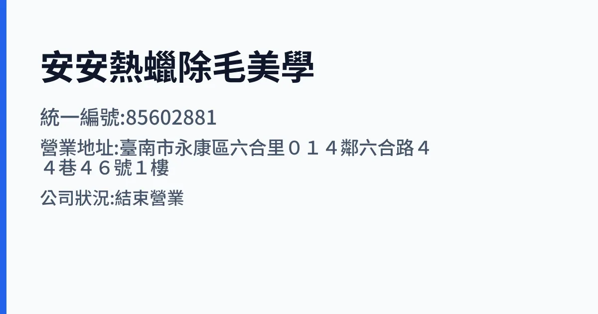 安安熱蠟除毛美學 - 統編 85602881(臺南市) 公司登記資料與營業項目詳細圖表